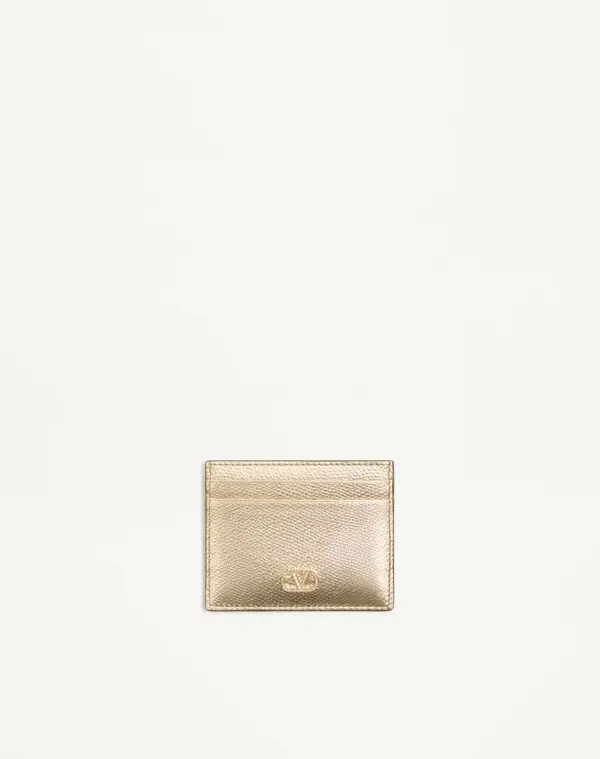 Valentino Garavani Vlogo Signature Card Holder In Laminated Grainy Calfskin With Jewel Logo - Gold/crystal