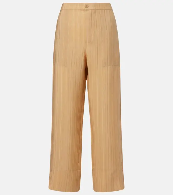 Saint Laurent Striped Cropped Silk Straight Pants - Beige