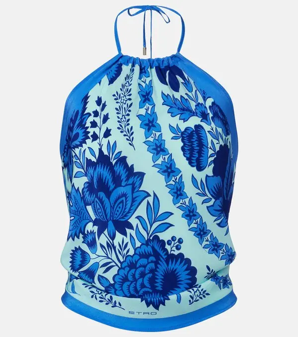 Etro Paisley Halterneck Silk Top - Blue