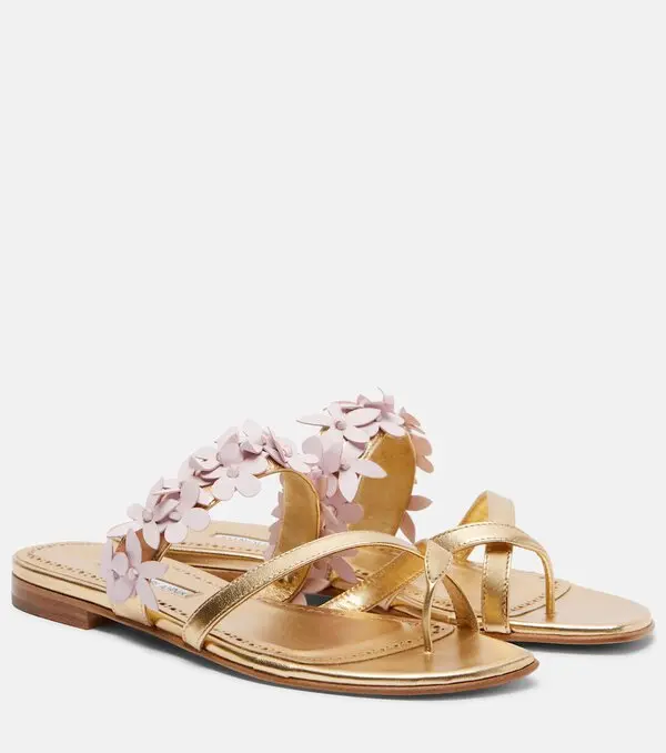 Manolo Blahnik Fiosa Appliqué Leather Thong Sandals - Gold