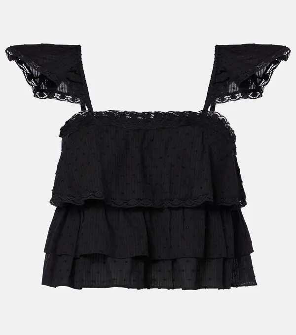 Poupette St Barth Anya Ruffled Cotton Crop Top - Black