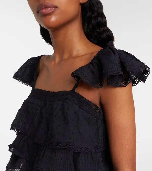 Poupette St Barth Anya Ruffled Cotton Crop Top - Black