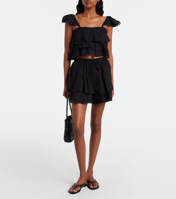 Poupette St Barth Anya Ruffled Cotton Crop Top - Black