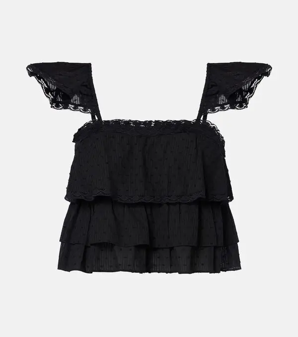 Poupette St Barth Anya Ruffled Cotton Crop Top - Black