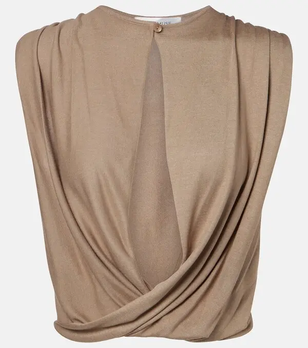 AYA MUSE Esme Cutout Draped Silk-blend Crop Top - Beige