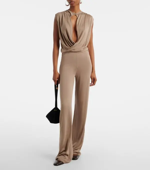 AYA MUSE Esme Cutout Draped Silk-blend Crop Top - Beige
