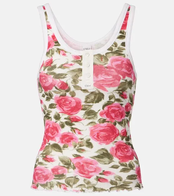 Chloé Floral Ribbed Cotton-blend Tank Top - White