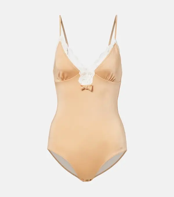 Chloé Bow-detail Lace-trimmed Bodysuit - Beige