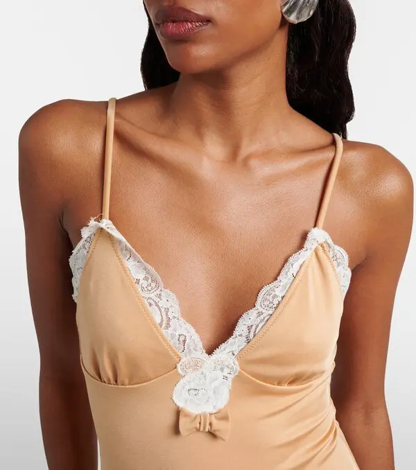 Chloé Bow-detail Lace-trimmed Bodysuit - Beige