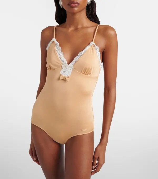 Chloé Bow-detail Lace-trimmed Bodysuit - Beige