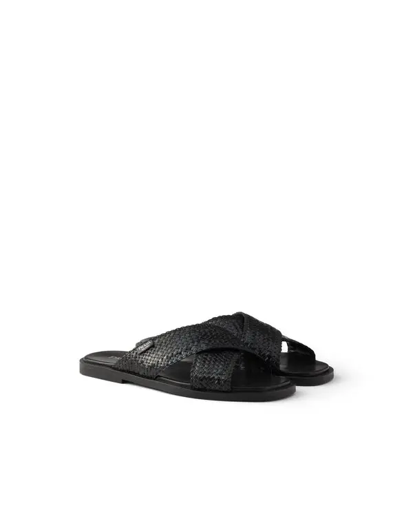 Prada Crisscross Leather Slides - Black