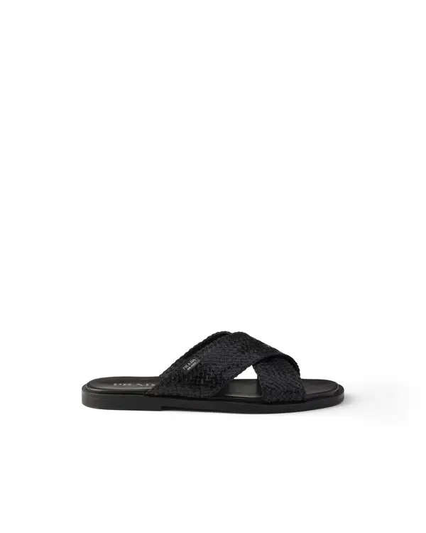 Prada Crisscross Leather Slides - Black