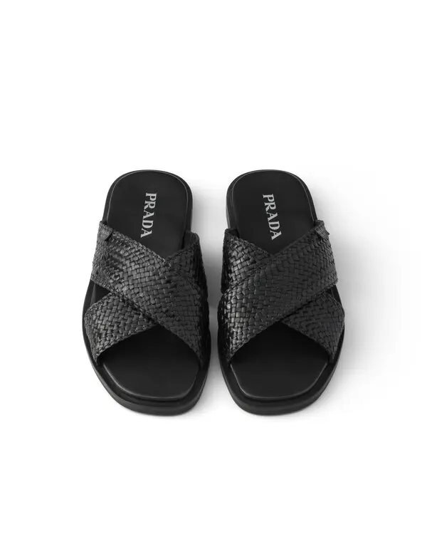 Prada Crisscross Leather Slides - Black