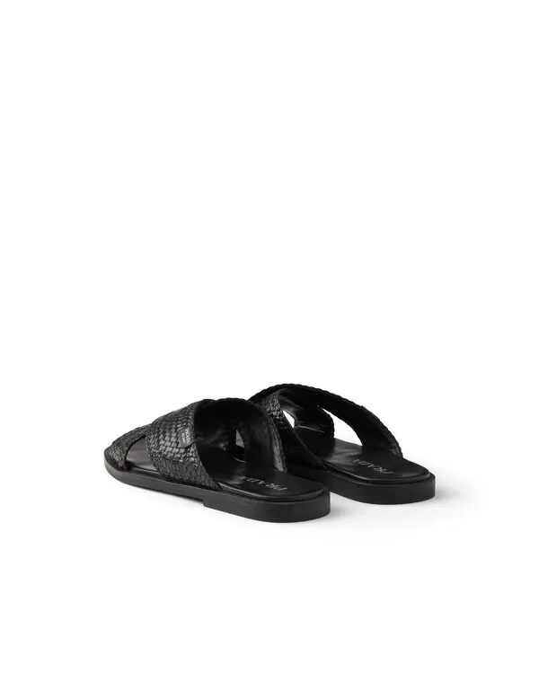 Prada Crisscross Leather Slides - Black
