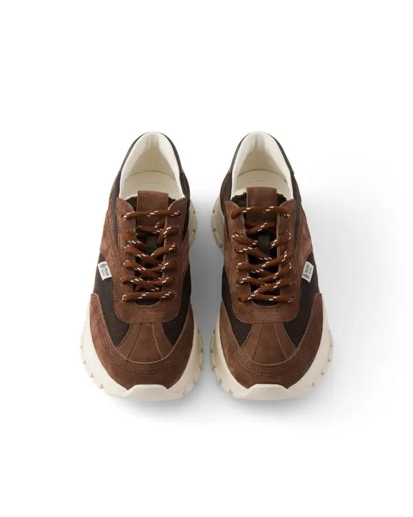 Prada Mesh Fabric And Suede Sneakers - Brown