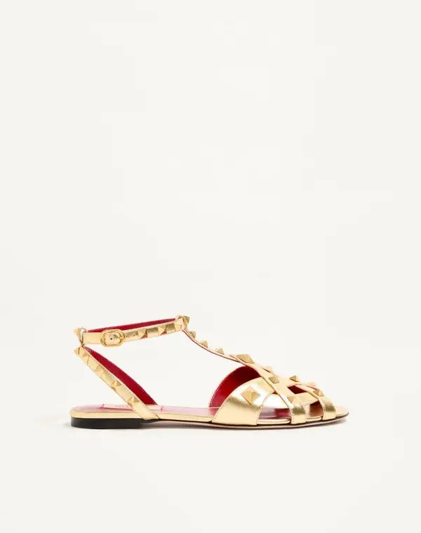 Valentino Garavani Studdy Sandal In Laminated Nappa - Antique Brass