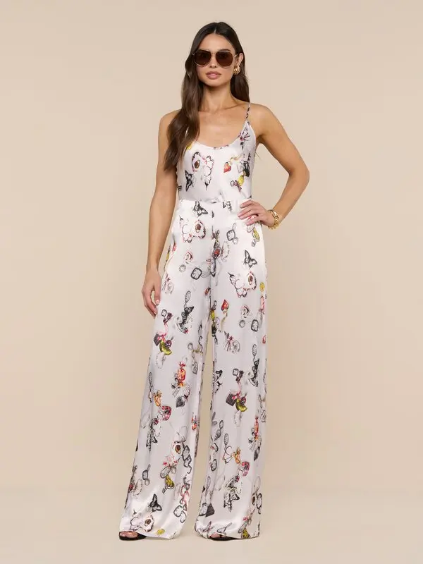 L'Agence Kimia Satin Printed Pants - Ecru Multi Lock Butterfly