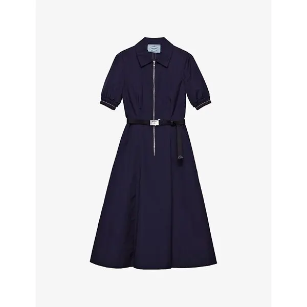 Prada Belted Short-sleeve Poplin Midi Dress