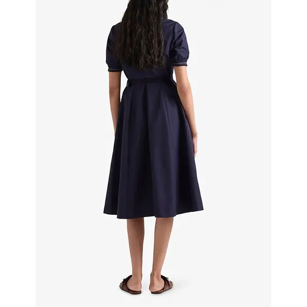 Prada Belted Short-sleeve Poplin Midi Dress