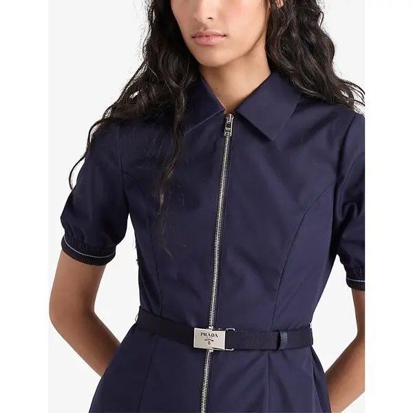 Prada Belted Short-sleeve Poplin Midi Dress