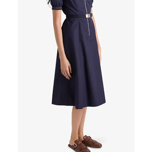 Prada Belted Short-sleeve Poplin Midi Dress