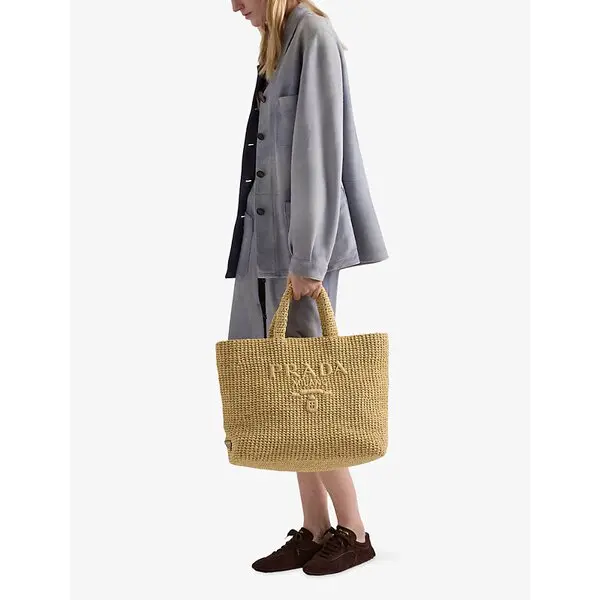 Prada Logo-embroidered Crochet Tote Bag - Neutral