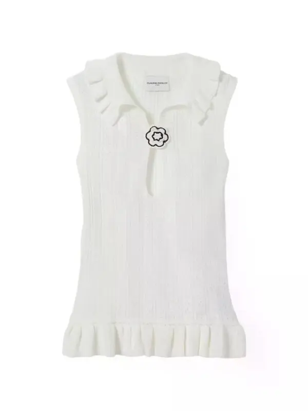 Claudie Pierlot Ruffled Pointelle-knit Polo Top - White