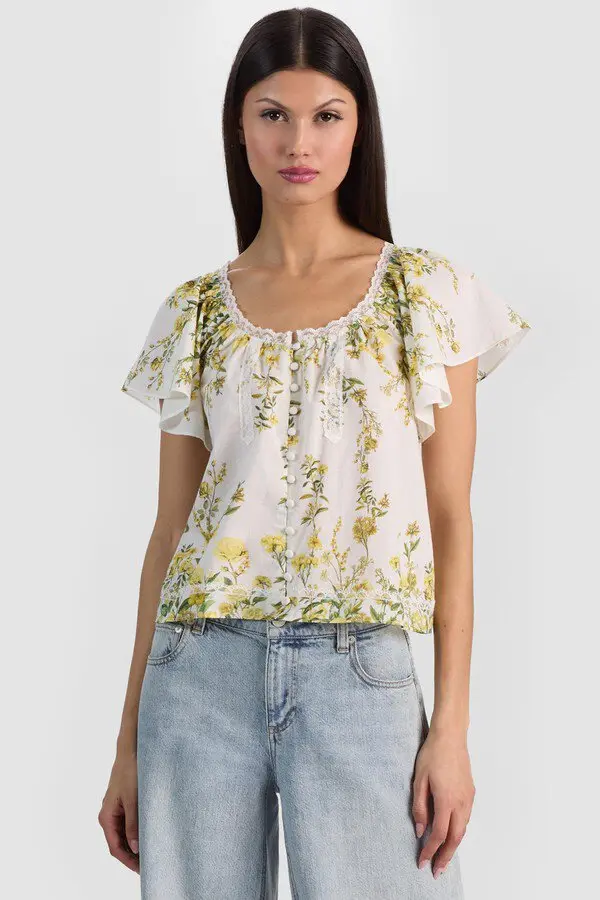 Alice + Olivia Odette Flutter Sleeve Top - Denim