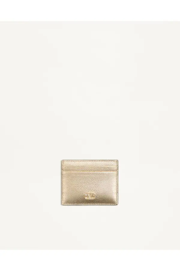 Valentino Garavani Vlogo Signature Card Holder In Laminated Grainy Calfskin With Jewel Logo - Gold