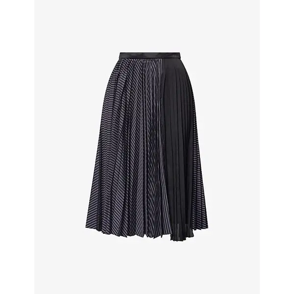 Sacai Striped Pleated Cotton-blend Midi Skirt - Navy Stripe Black