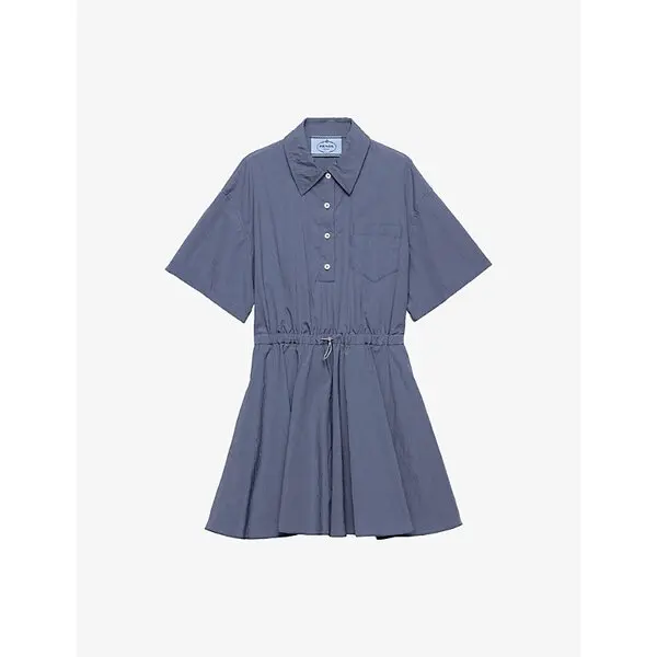 Prada Short-sleeved Cotton-blend Mini Shirt Dress - Blue