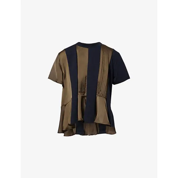Sacai Pleated Panel Cotton And Satin T-shirt - Navy Khaki