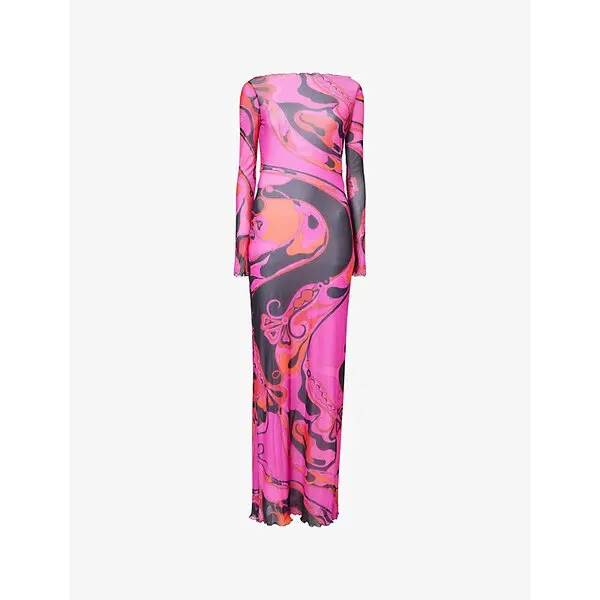 Emilio Pucci Long-sleeve Printed Tulle Maxi Dress - Fuchsia Black