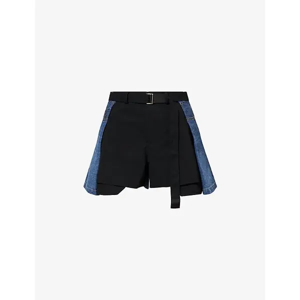 Sacai Contrasting-panel Belted Wool Shorts - Black Blue