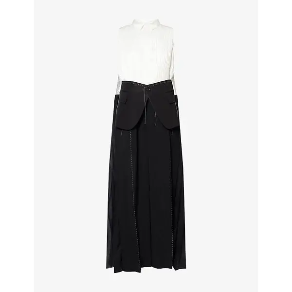 Sacai Panelled Pleated Maxi Dress - White Black