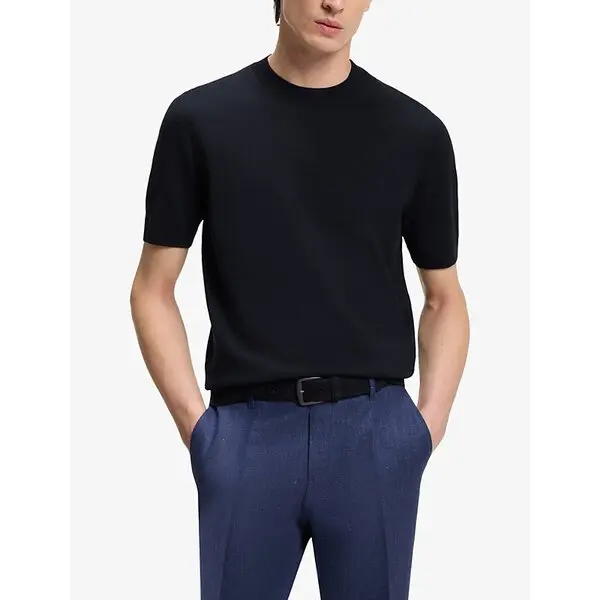 BOSS Short-sleeve Virgin-wool Jumper - Dark Blue