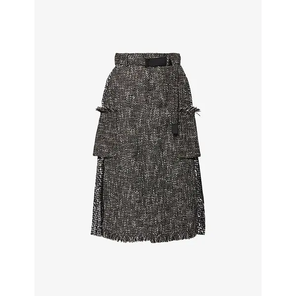 Sacai Pleated Graphic-pattern Tweed Midi Skirt - Black
