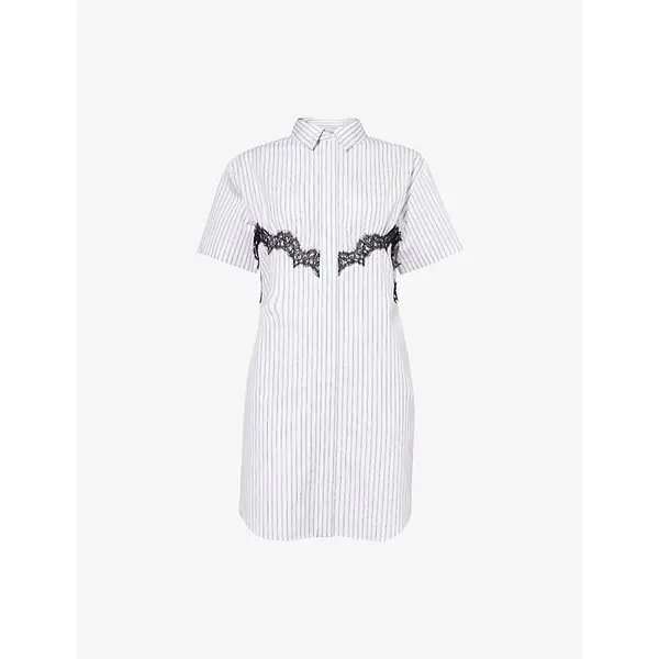 Sacai Lace-appliqué Pinstripe Cotton Poplin Mini Dress - Off White Stripe