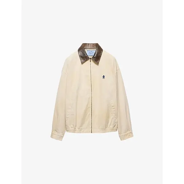 Prada Cotton-gabardine Blouson Jacket With Leather Collar - Neutral
