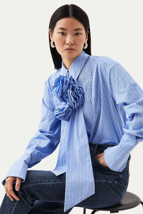 Karen Millen Striped Cotton Tie-neck Rosette Shirt