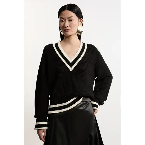 Karen Millen Cotton V-neck Boxy Jumper - Black