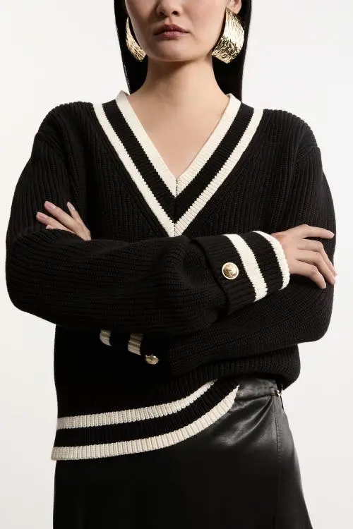 Karen Millen Cotton V-neck Boxy Jumper - Black