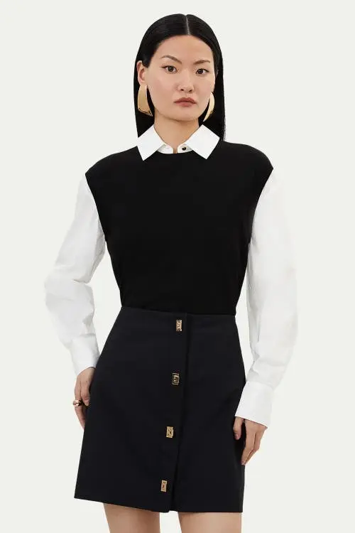Karen Millen Techno Cotton Mini Skirt With Gold Clasp