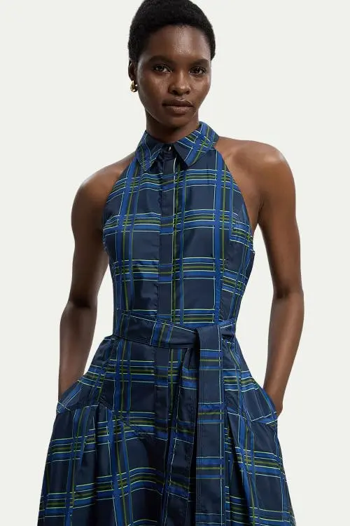 Karen Millen Check Taffeta Belted Maxi Shirt Dress