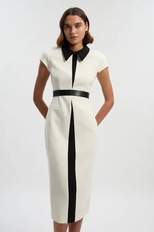 Karen Millen Contrast Collar Tailored Midi Dress - Ivory
