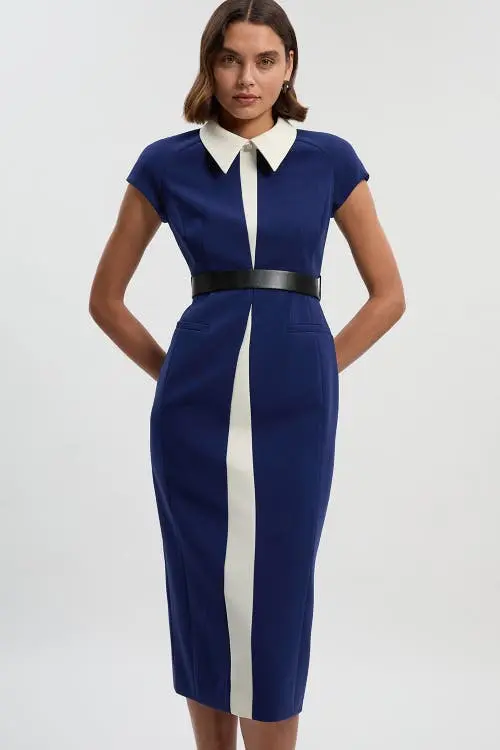 Karen Millen Contrast Collar Tailored Midi Dress - Navy