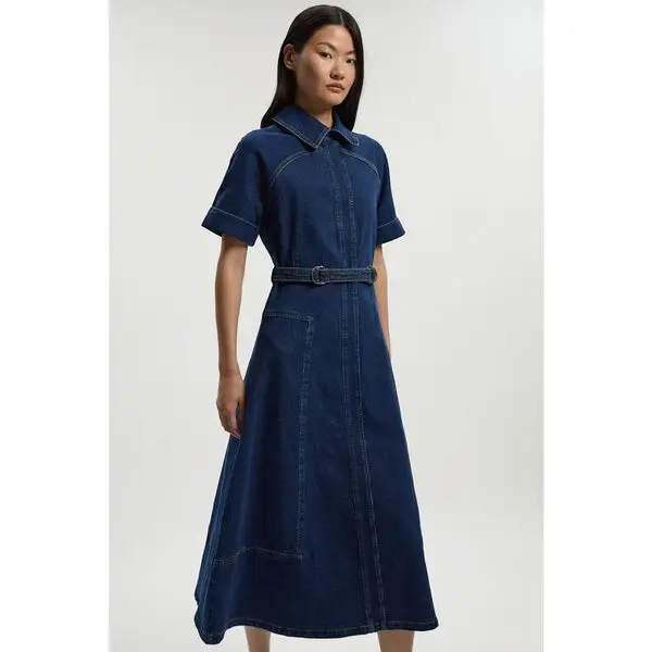 Karen Millen Stretch Denim Tab Belt Midi Dress - Mid Wash