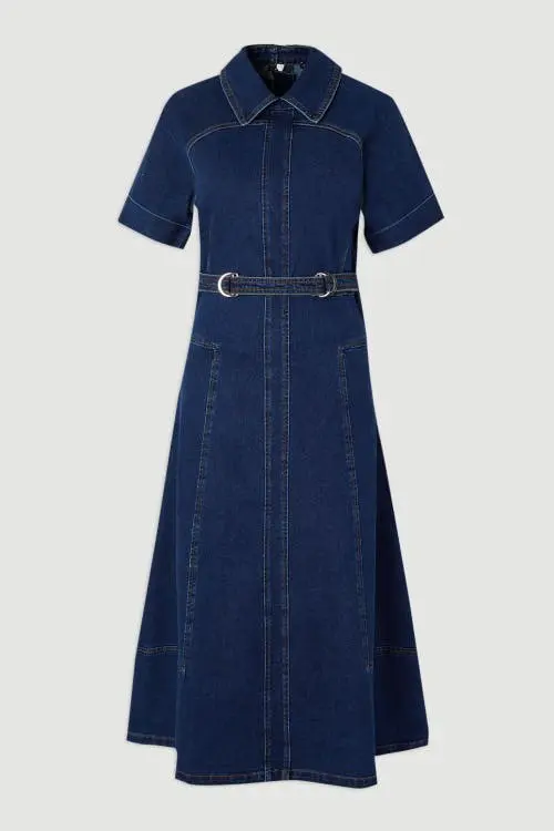 Karen Millen Stretch Denim Tab Belt Midi Dress