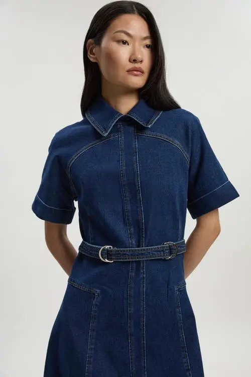 Karen Millen Stretch Denim Tab Belt Midi Dress