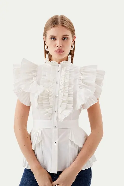 Karen Millen Sleeveless Pleated Ruffle Blouse - White